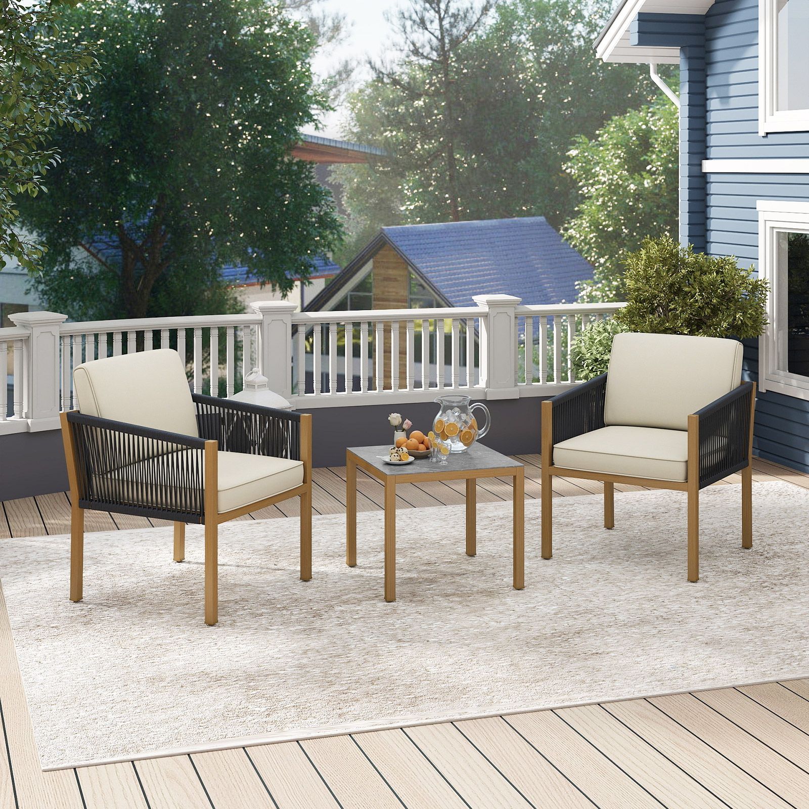 Woven Rope Outdoor Conversation Set with Cushions for Porch – PatiojoyAU